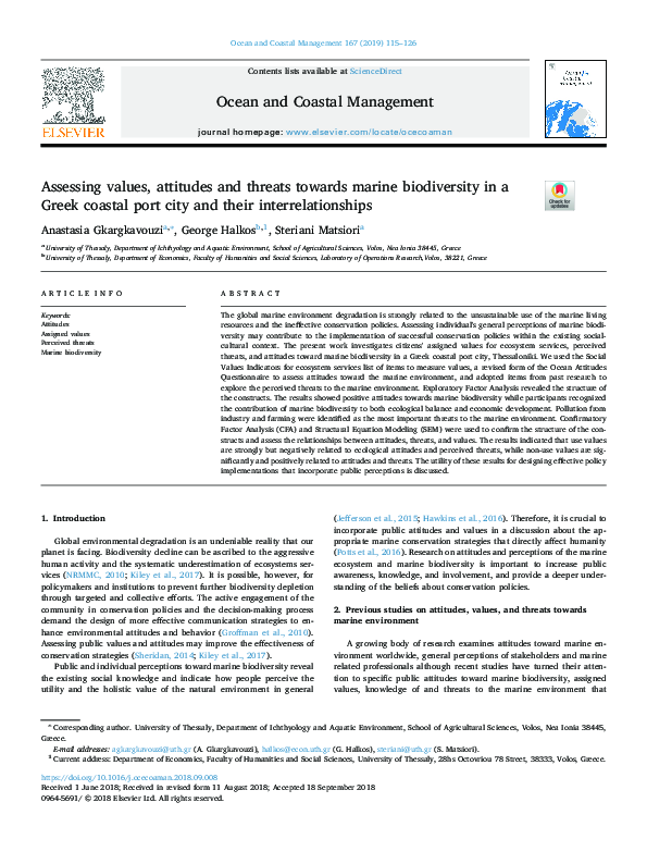 Assessing values, attitudes and threats towards marine biodiversity in a Greek coastal port city ...