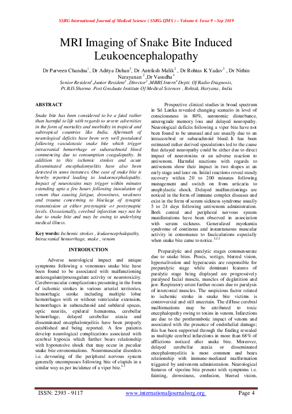 (PDF) MRI Imaging of Snake Bite Induced Leukoencephalopathy