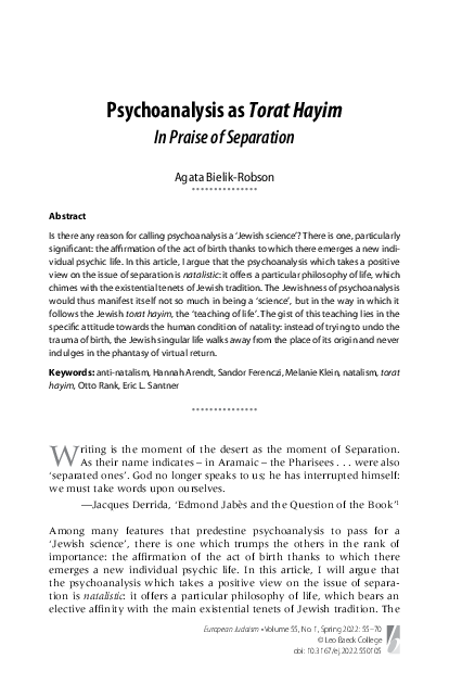 (PDF) Psychoanalysis as Torat Hayim In Praise of Separation