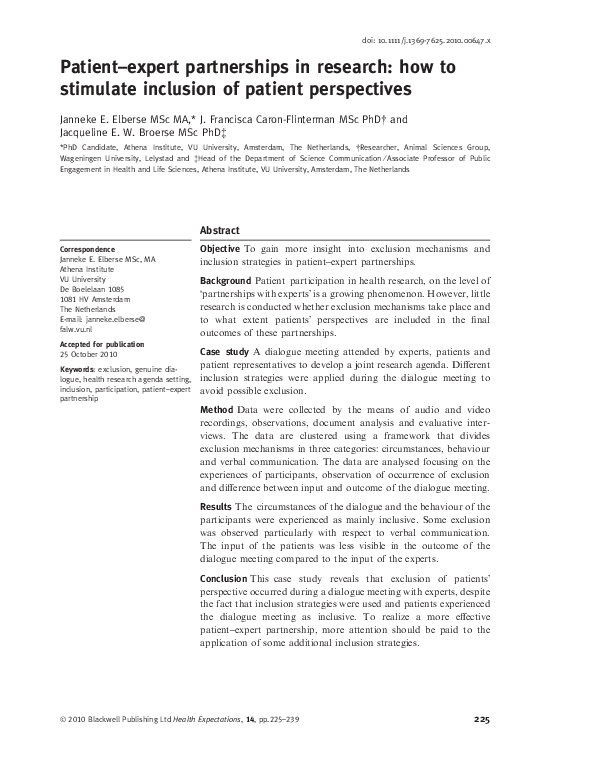 (PDF) Patient-expert partnerships in research: how to stimulate ...