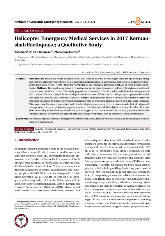 (PDF) Helicopter Emergency Medical Services in 2017 Kermanshah Earthquake; a Qualitative Study