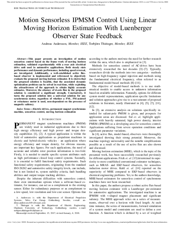 (PDF) Motion Sensorless IPMSM Control Using Linear Moving Horizon Estimation With Luenberger ...