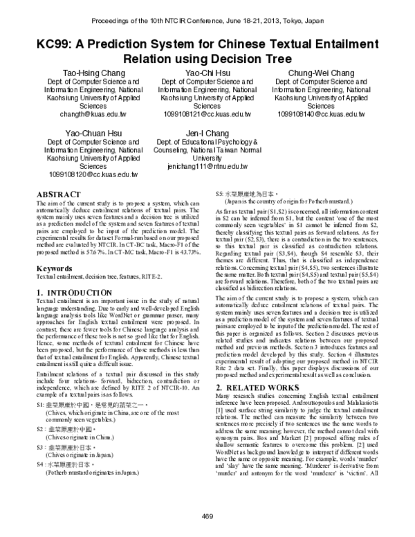 Pdf Kc99 A Prediction System For Chinese Textual Entailment Relation Using Decision Tree