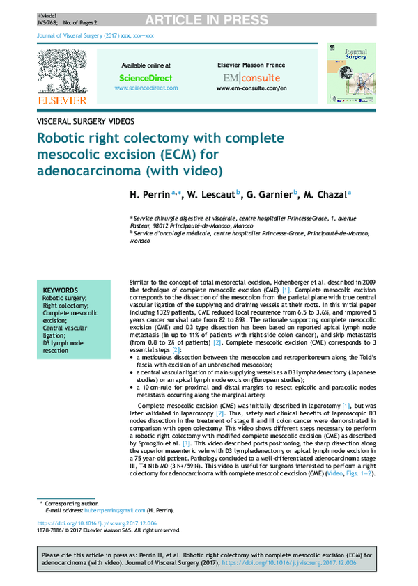(PDF) Robotic right colectomy with Complete Mesocolic excision: bottom-to-up suprapubic approach ...