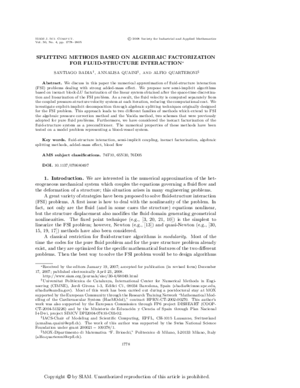 Pdf Splitting Methods Based On Algebraic Factorization For Fluid Structure Interaction