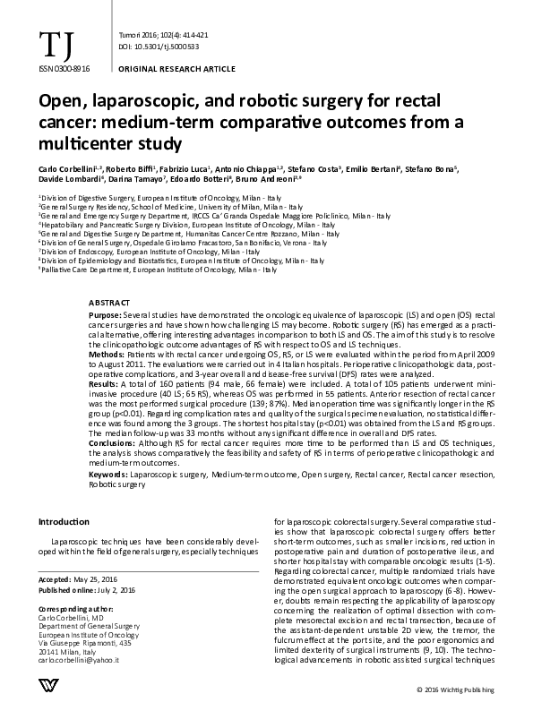 (PDF) Open, laparoscopic, and robotic surgery for rectal cancer: medium-term comparative ...