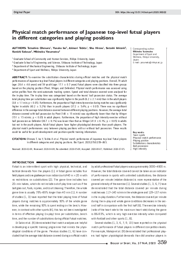 (PDF) Physical match performance of japanese top-level futsal players ...