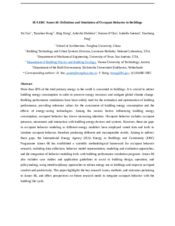 Pdf Iea Ebc Annex 66 Definition And Simulation Of Occupant Behavior
