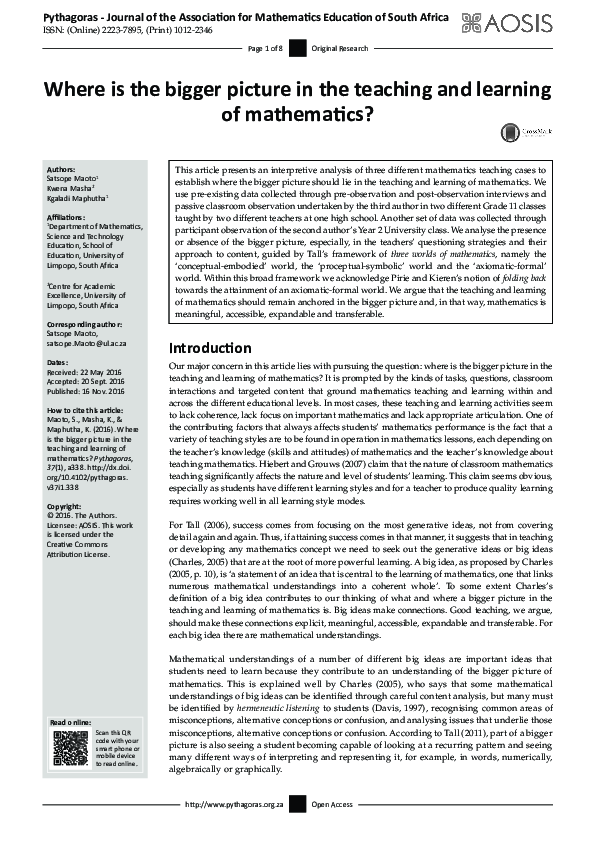 (PDF) Where is the bigger picture in the teaching and learning of ...