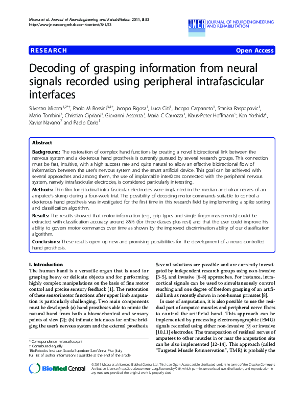 (PDF) Decoding of grasping information from neural signals recorded using peripheral ...