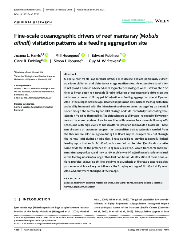(PDF) Fine‐scale oceanographic drivers of reef manta ray ( Mobula alfredi ) visitation patterns ...