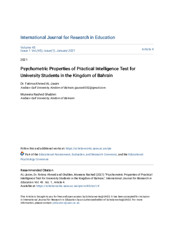 (PDF) Psychometric Properties of Practical Intelligence Test for ...