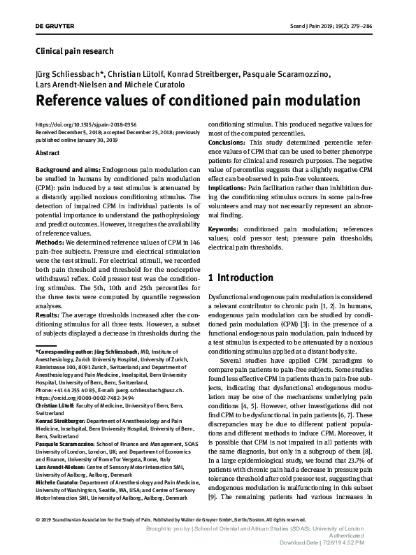 (PDF) Reference values of conditioned pain modulation