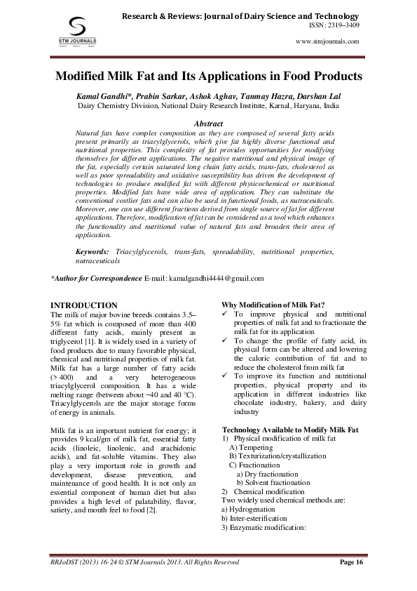(PDF) Modified Milk Fat and Its Applications in Food Products | tanmay ...