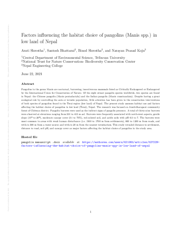 (PDF) Factors influencing the habitat choice of pangolins ( Manis spp ...