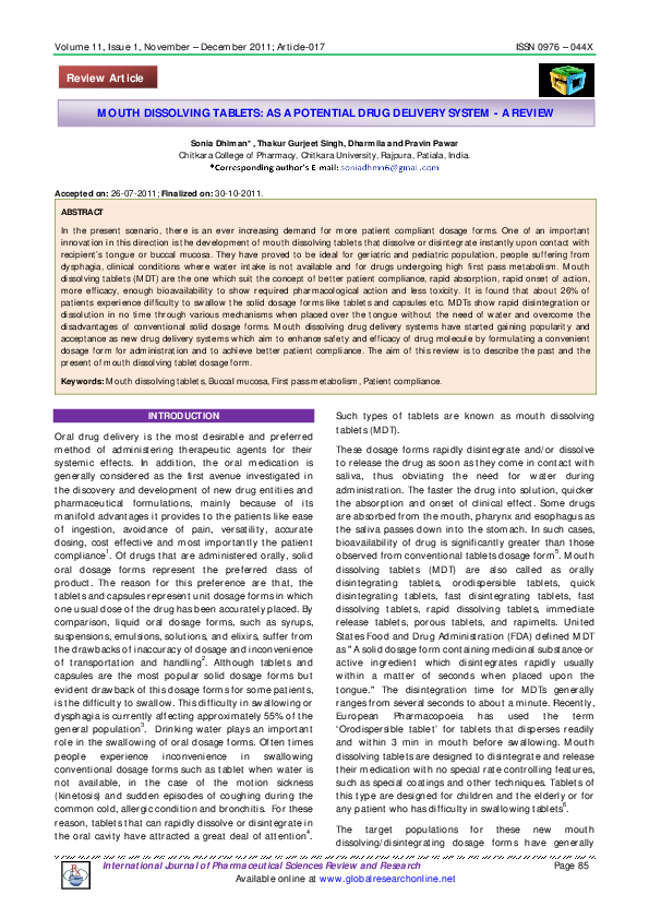 (PDF) MOUTH DISSOLVING TABLETS: AS A POTENTIAL DRUG DELIVERY SYSTEM - A ...