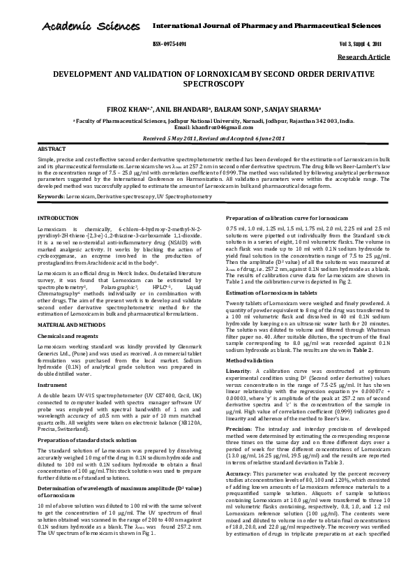 (PDF) DEVELOPMENT AND VALIDATION OF LORNOXICAM BY SECOND ORDER DERIVATIVE SPECTROSCOPY Research ...
