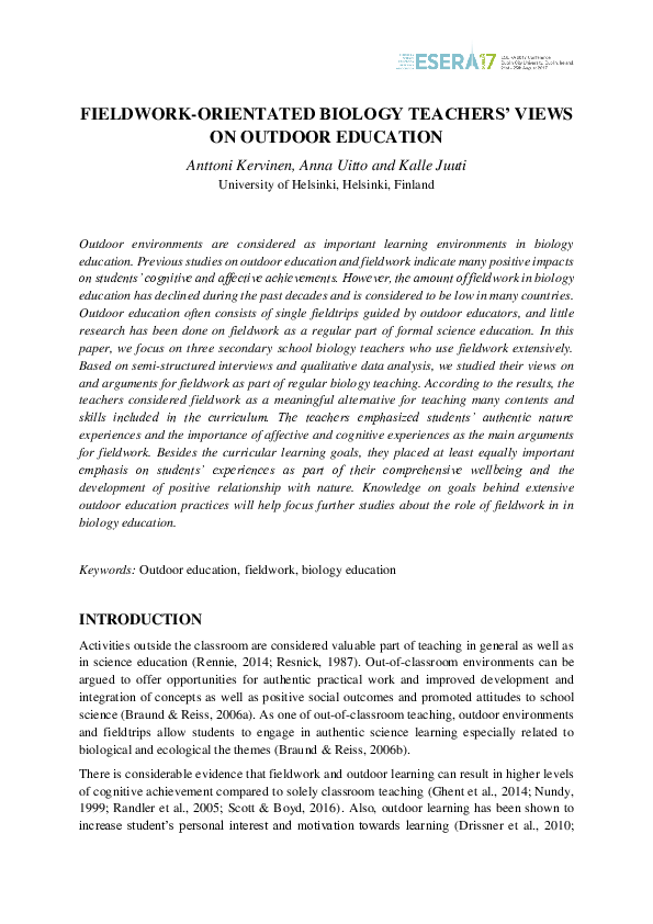 (PDF) Fieldwork-Orientated Biology Teachers' Views on Outdoor Education