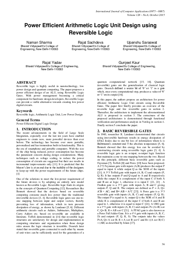 (PDF) Power Efficient Arithmetic Logic Unit Design using Reversible Logic