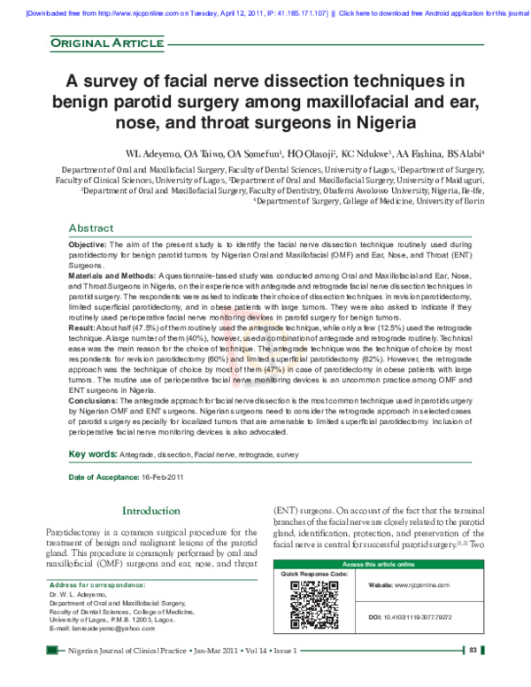 (PDF) A survey of facial nerve dissection techniques in benign parotid ...