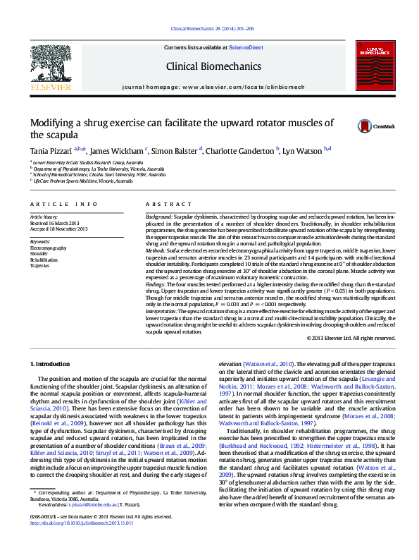 Pdf Modifying A Shrug Exercise Can Facilitate The Upward Rotator Muscles Of The Scapula