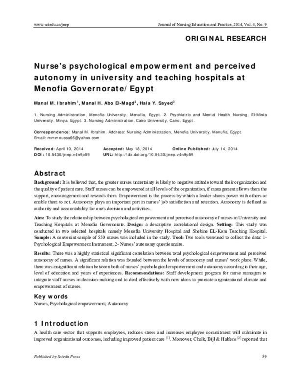 (PDF) Nurse's psychological empowerment and perceived autonomy in ...