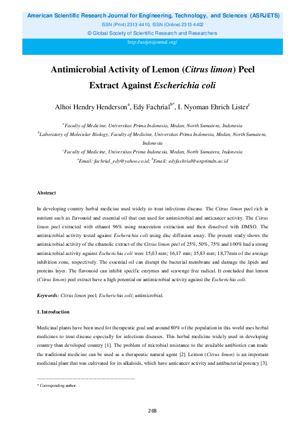 (PDF) Antimicrobial Activity of Lemon (Citrus limon) Peel Extract Against Escherichia coli