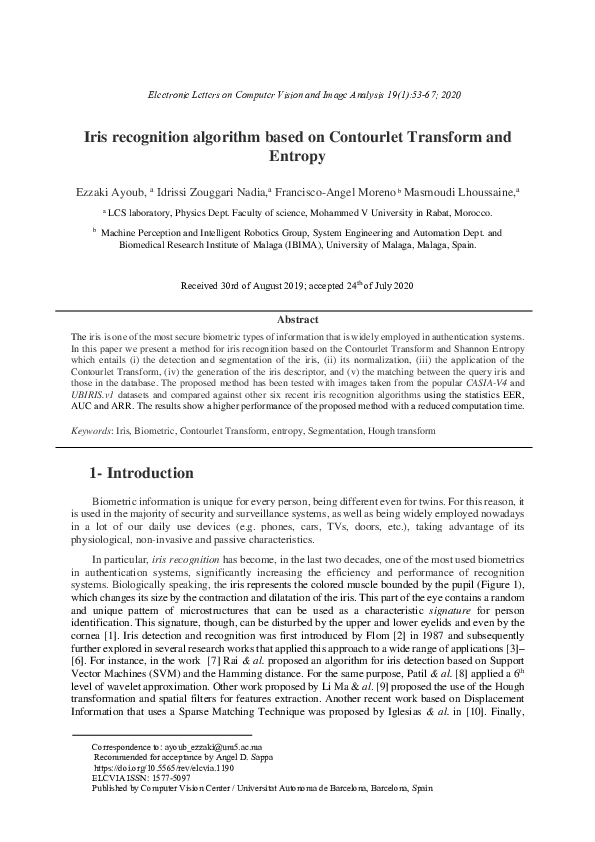 Pdf Algorithm For Iris Recognition Based On Contourlet Transform And Entropy Ayoub Ezzaki 