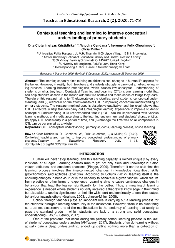 (PDF) Contextual teaching and learning to improve conceptual understanding of primary students