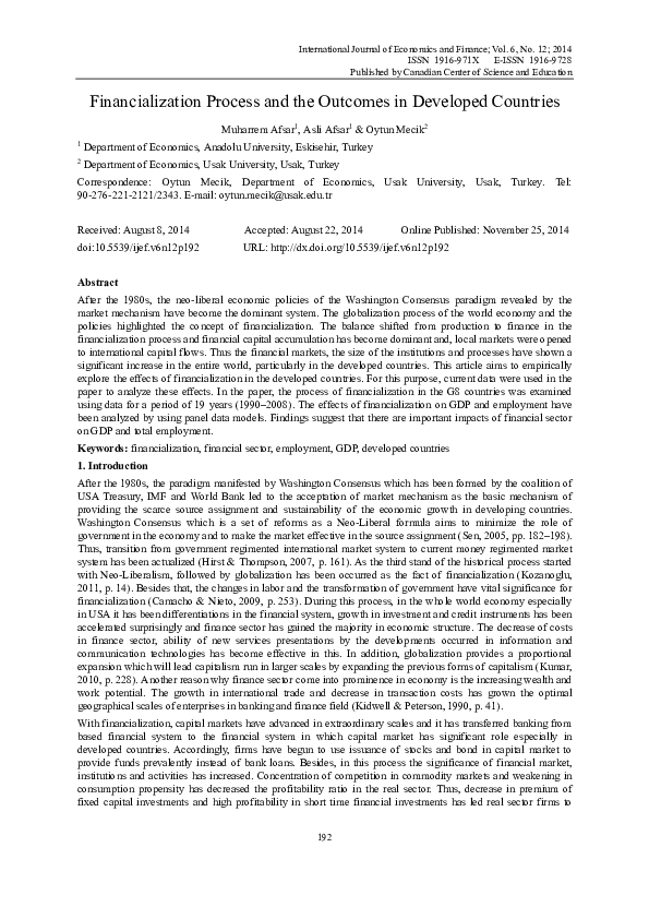 (PDF) Financialization Process and the Outcomes in Developed Countries