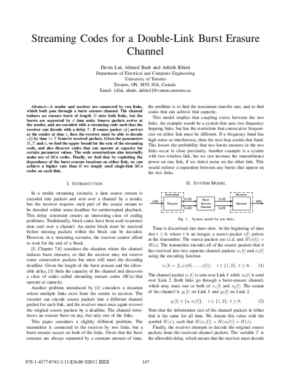 (PDF) Streaming codes for a double-link burst erasure channel