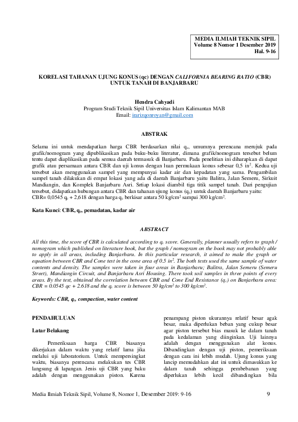 (PDF) Korelasi Tahanan Ujung Konus (qc) Dengan California Bearing Ratio ...