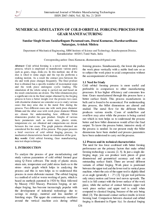 (PDF) Numerical Simulation of Cold Orbital Forging Process for Gear Manufacturing