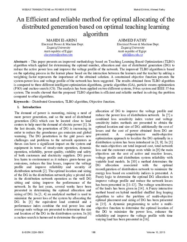 Pdf An Efficient And Reliable Method For Optimal Allocating Of The Distributed Generation