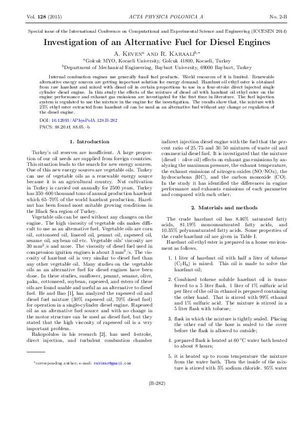 Investigation of an Alternative Fuel for Diesel Engines