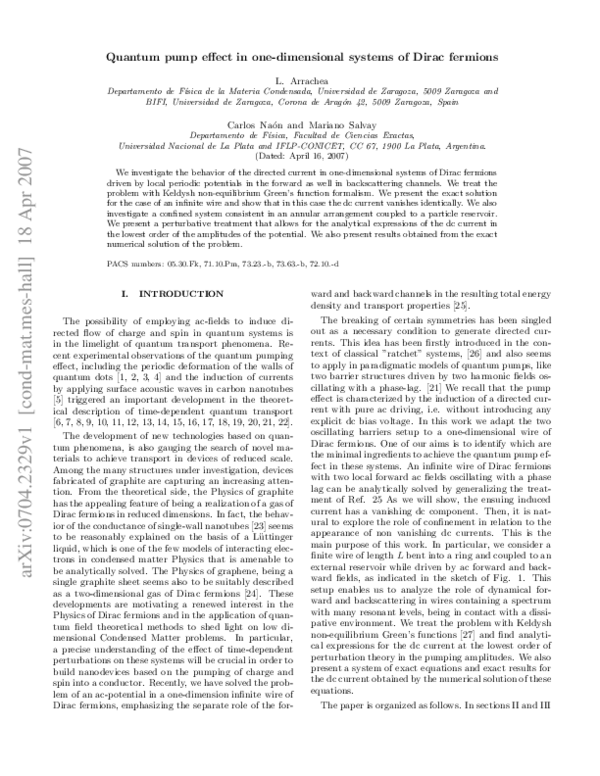 (PDF) Quantum pump effect in one-dimensional systems of Dirac fermions