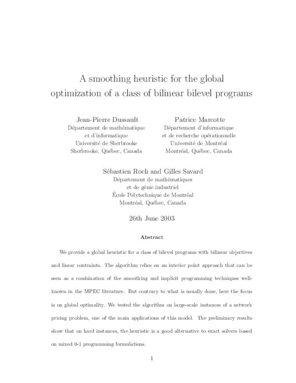 (PDF) A smoothing heuristic for the global optimization of a class of bilinear bilevel programs