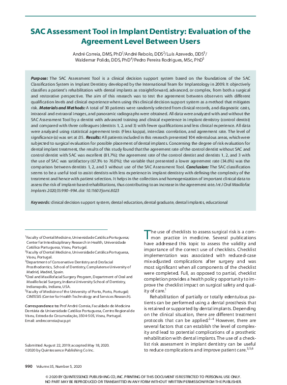 (PDF) SAC Assessment Tool in Implant Dentistry: Evaluation of the ...