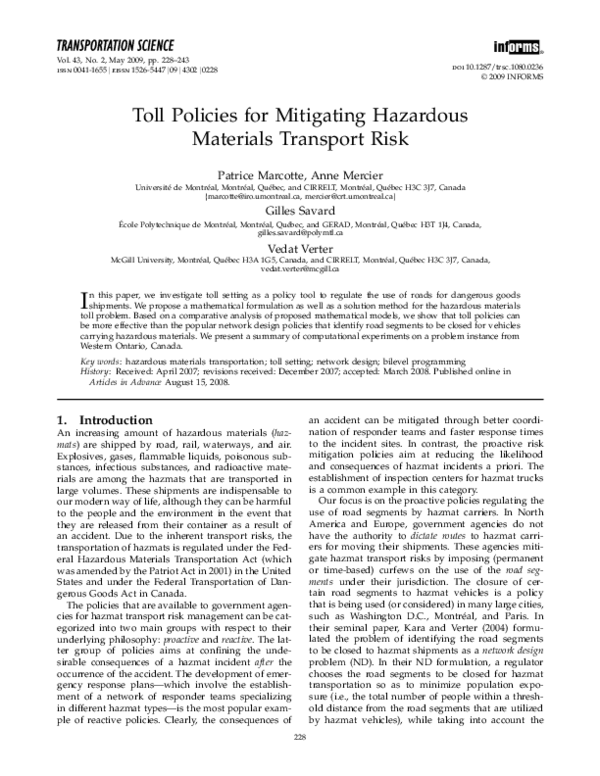(PDF) Toll Policies for Mitigating Hazardous Materials Transport Risk