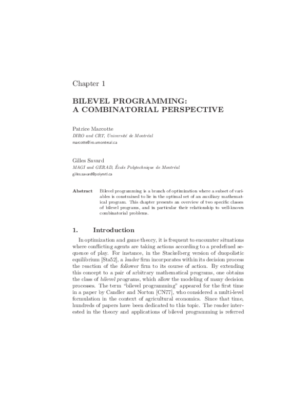 (PDF) Bilevel Programming: A Combinatorial Perspective | Gilles Savard ...