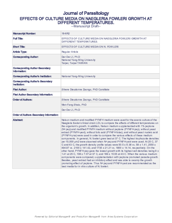 (PDF) Effects of Culture Media On Naegleria fowleri Growth At Different ...