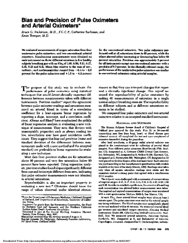(PDF) Bias and Precision of Pulse Oximeters and Arterial Oximeters