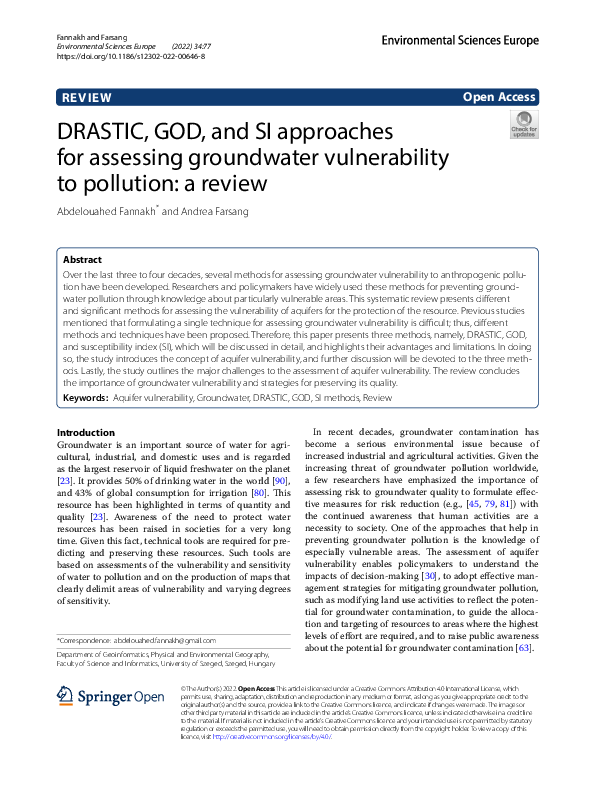 Pdf Drastic God And Si Approaches For Assessing Groundwater Vulnerability To Pollution A Review