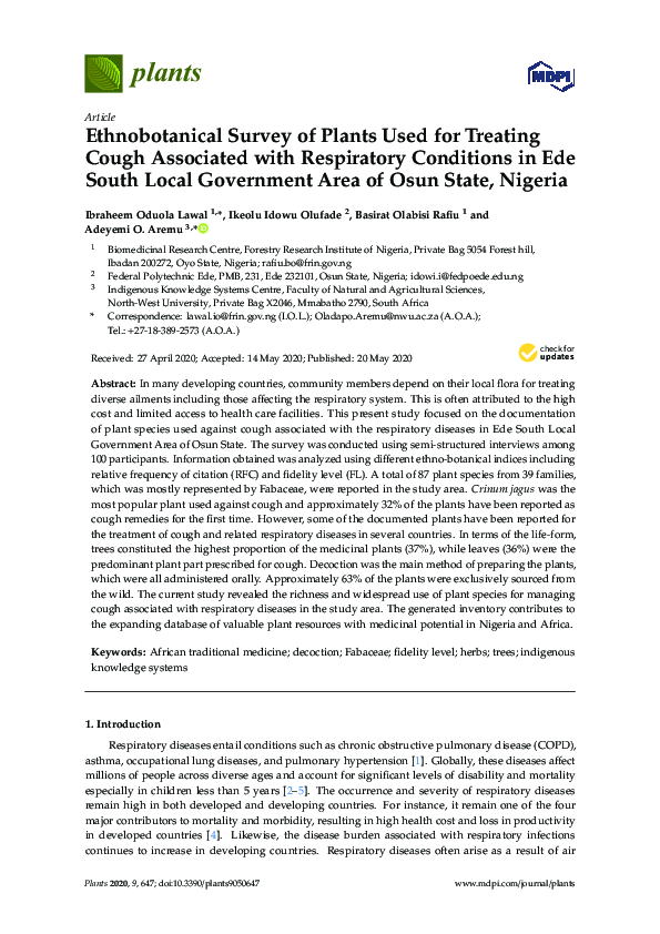 (PDF) Ethnobotanical Survey of Plants Used for Treating Cough Associated with Respiratory ...