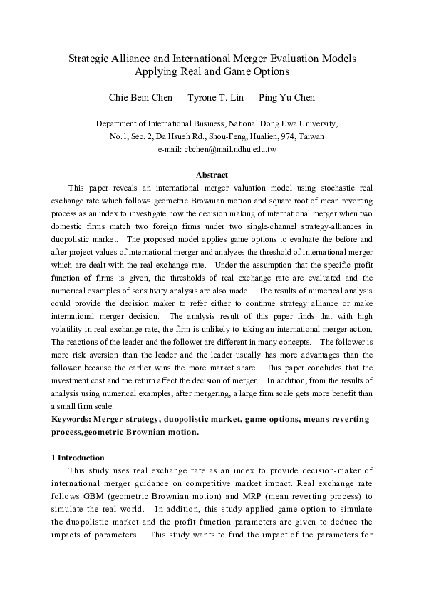 (PDF) Strategic Alliance and International Merger Evaluation Models ...