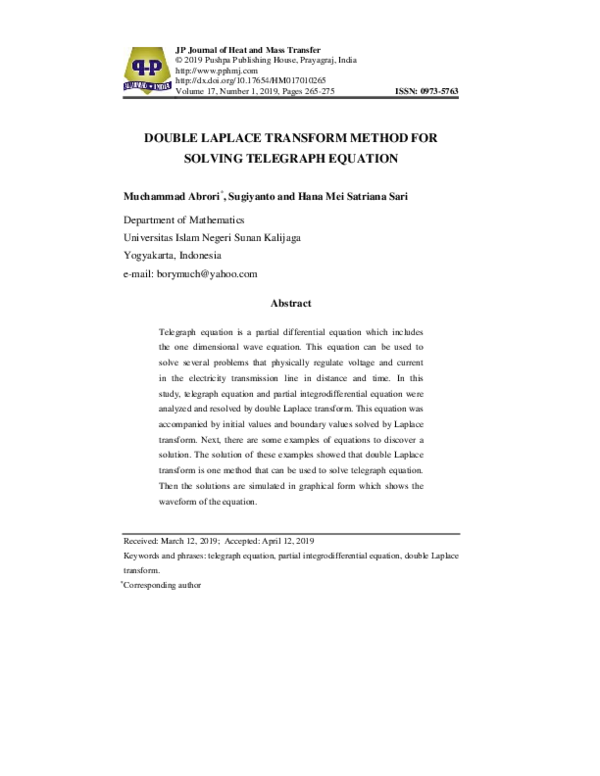 Pdf Double Laplace Transform Method For Solving Telegraph Equation