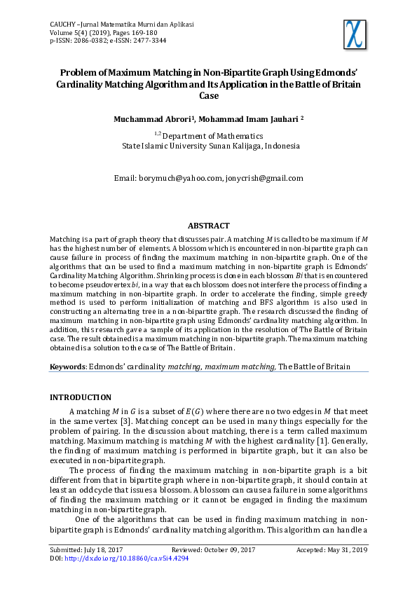 (PDF) Problem of Maximum Matching in Non-Bipartite Graph Using Edmonds’ Cardinality Matching ...