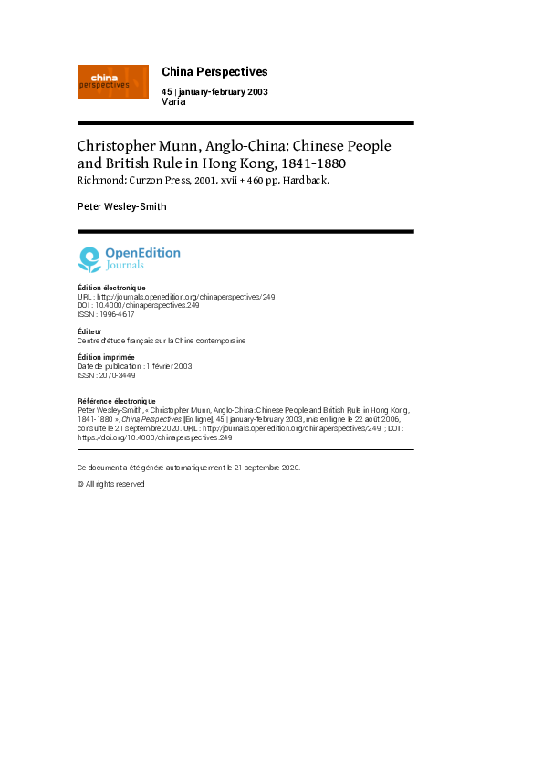 (PDF) CHRISTOPHER MUNN: Anglo-China: Chinese people and British rule in ...