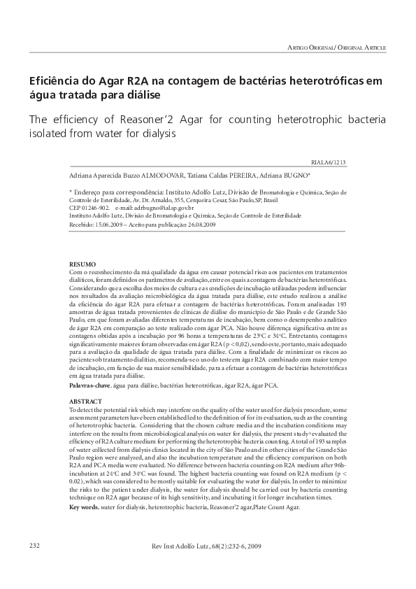 (PDF) Eficiência do Agar R2A na contagem de bactérias heterotróficas em água tratada para ...
