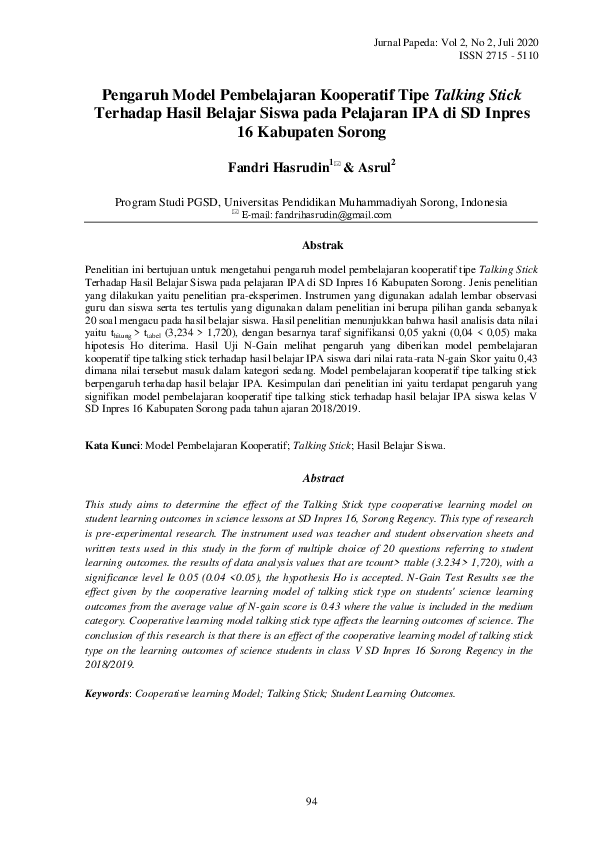 (PDF) Pengaruh Model Pembelajaran Kooperatif Tipe Talking Stick Terhadap Hasil Belajar Siswa ...